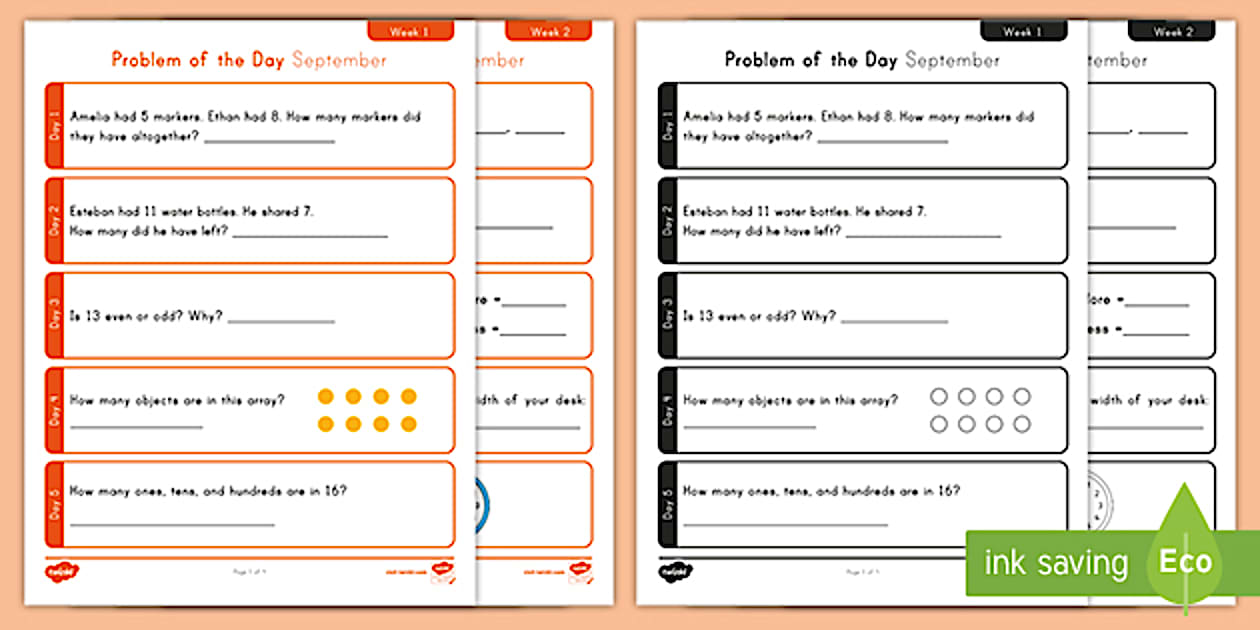 Second Grade Math Problem of the Day - September Worksheet