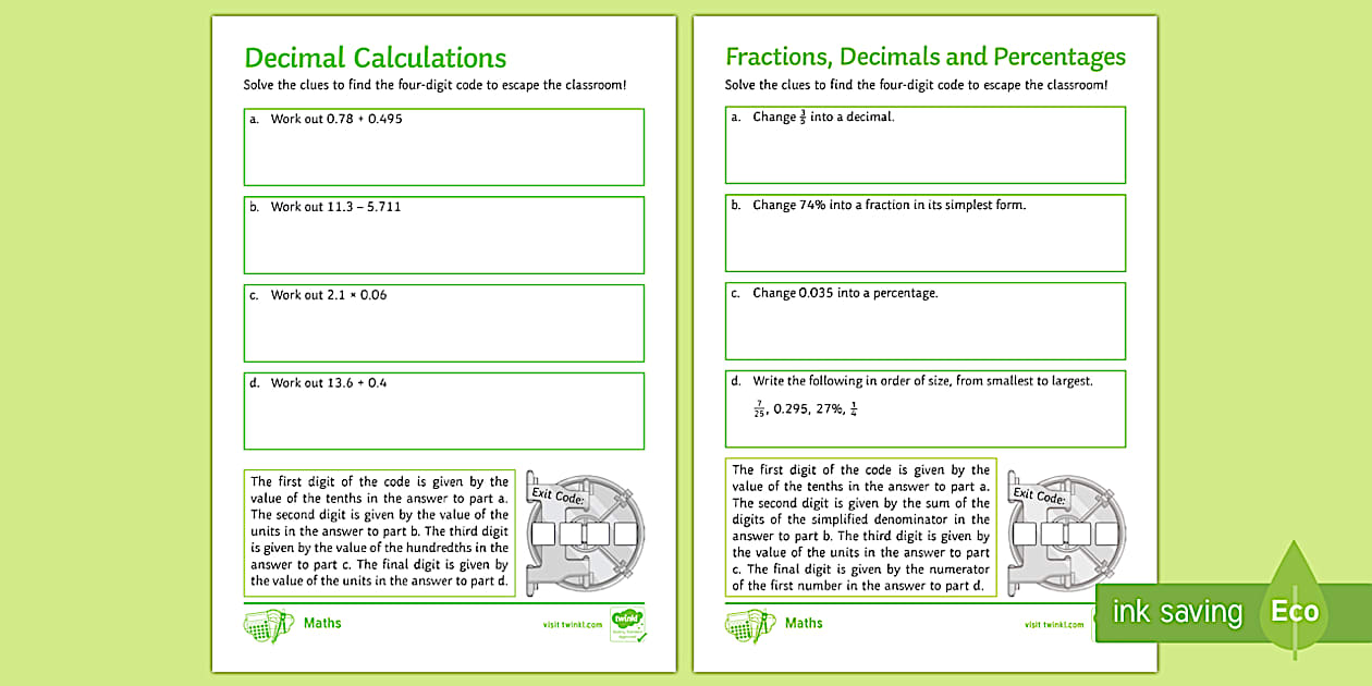 Escape the Room: Fractions, Decimals & Percentages Exit Ticket