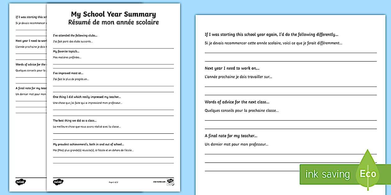 My School Year Summary Worksheet / Worksheet English/French