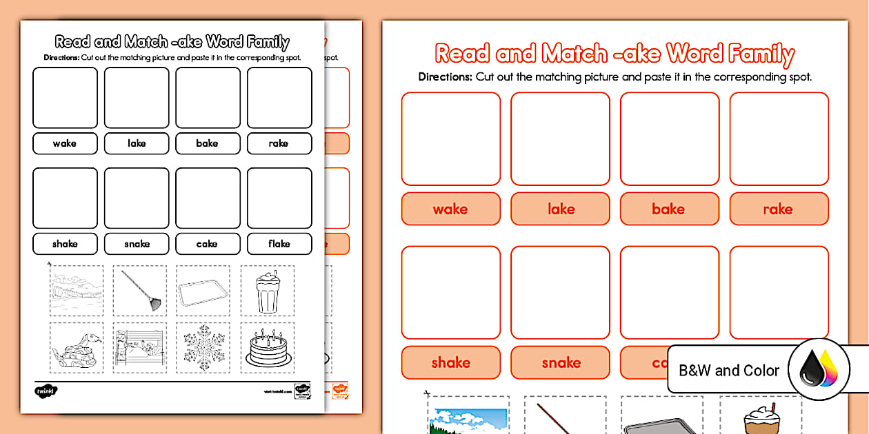 Ake Word Family Read and Match Worksheet | Twinkl - Twinkl