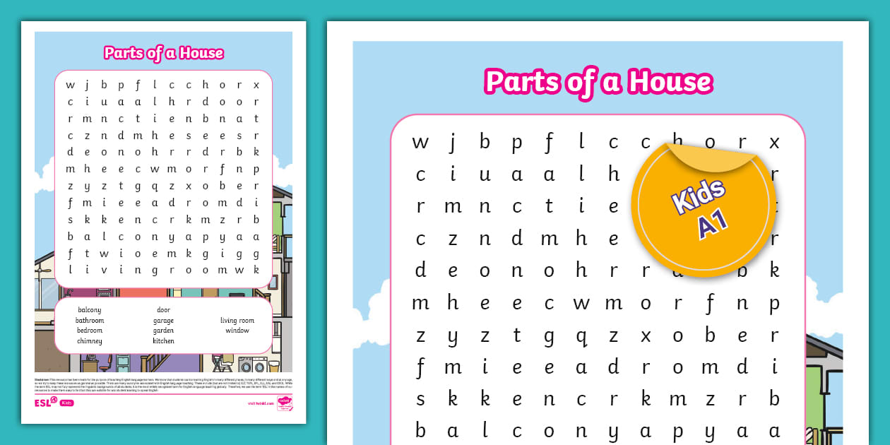 House Components Word Search for Kids (A1) (teacher made)