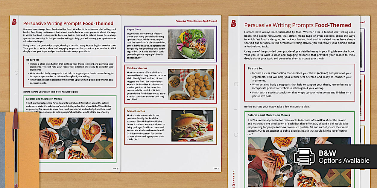 Persuasive Writing Prompts - Food-Themed Essays - Twinkl