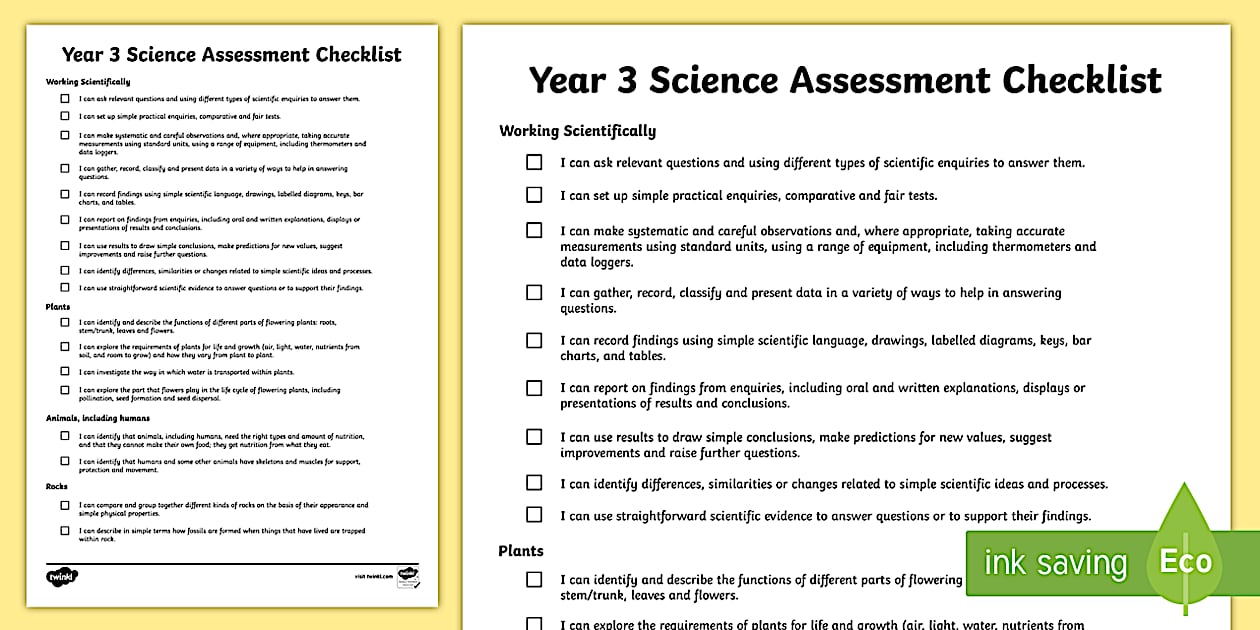 Editable 2014 Curriculum Year 3 Science Assessment Individual Checklist