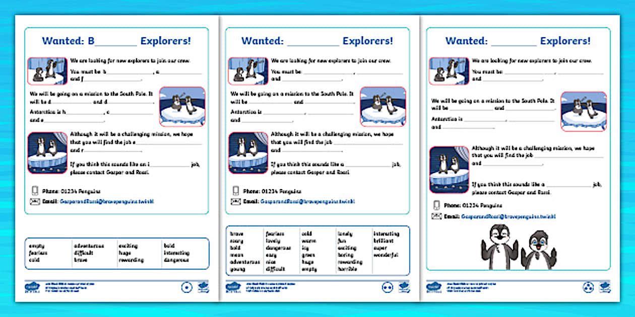 KS1 Using Adjectives: Brave Explorers Job Advert Worksheet