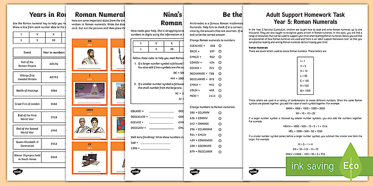 Year 5 Roman Numerals Homework Tasks with Adult Support Activity Pack