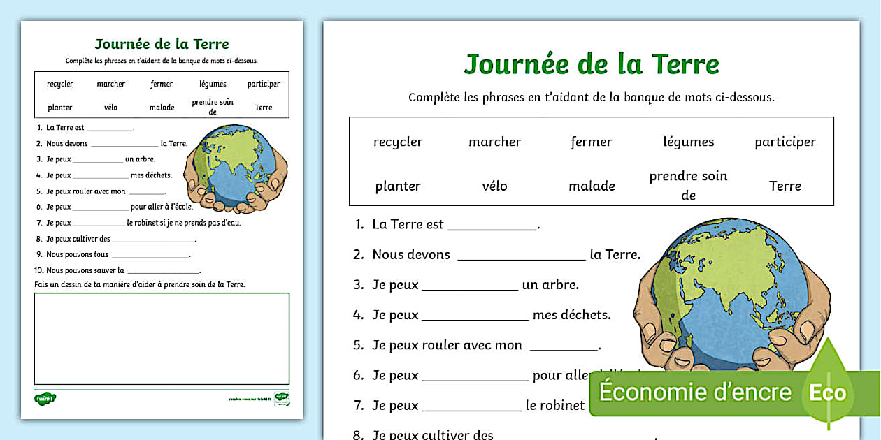Texte à trou pour la Journée de la Terre (teacher made)