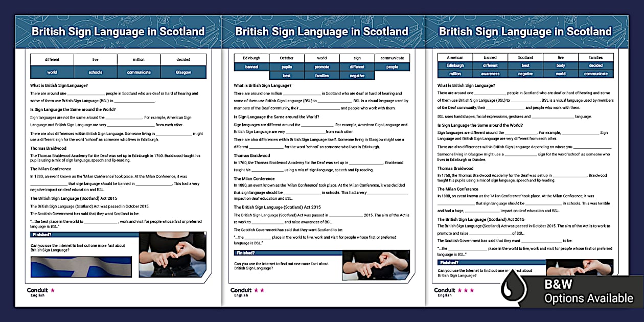 Reinforcing Reading: BSL in Scotland Cloze Passages - Twinkl