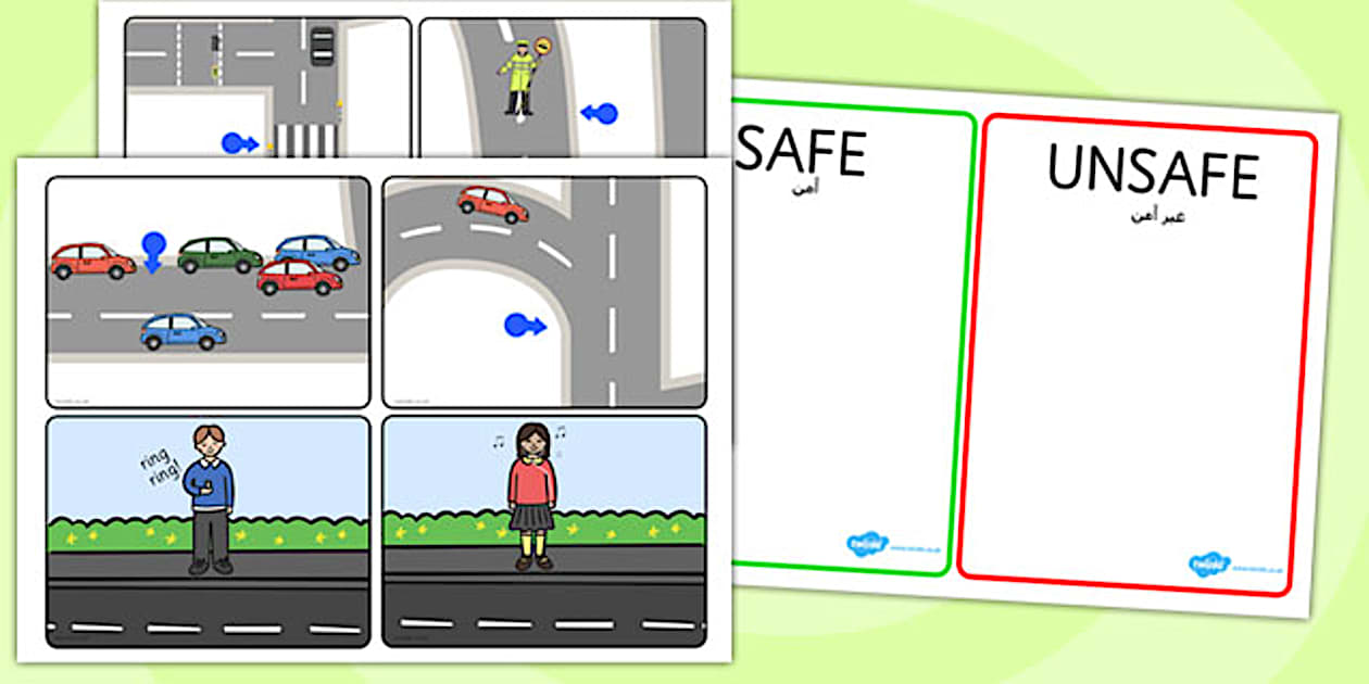 Crossing the Road Safe and Unsafe Sorting Cards Arabic Translation - arabic