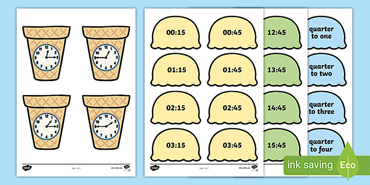 Black and White Telling the Time Ice Cream Cone Quarter to and Quarter Past