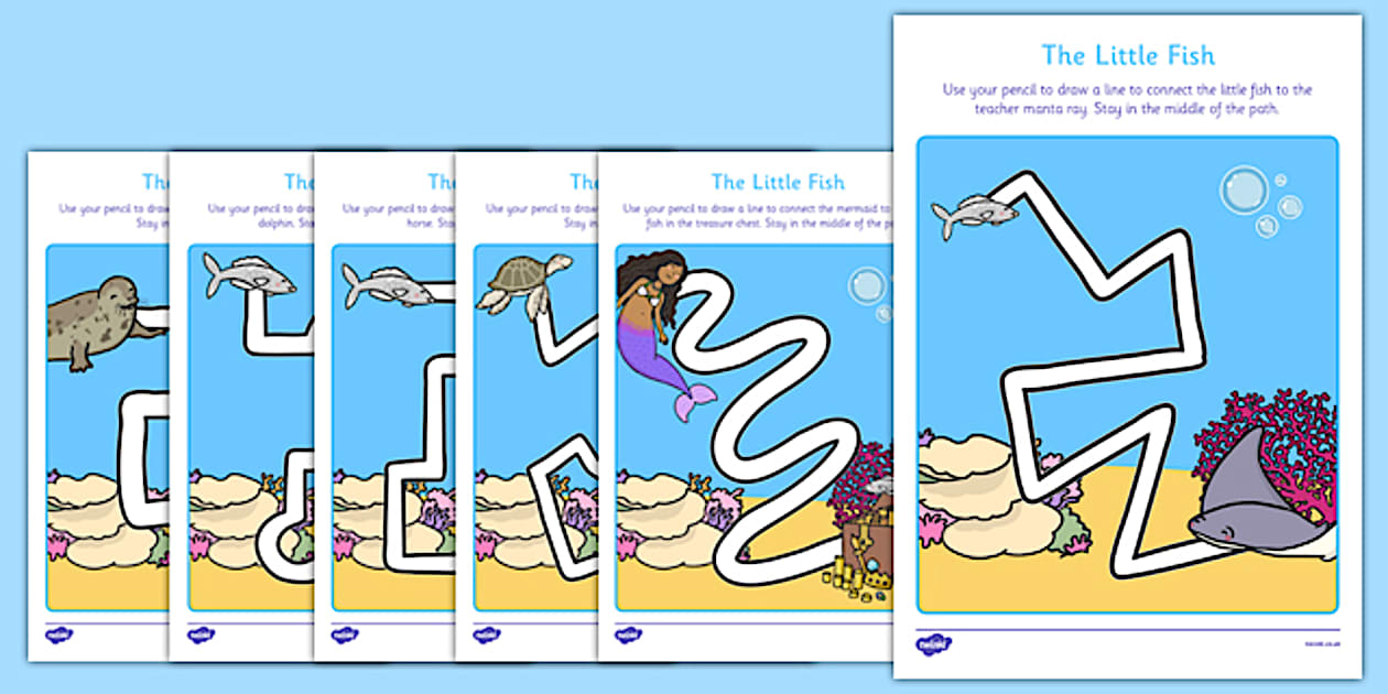 Black and White The Little Fish Pencil Control Path Worksheet Pack