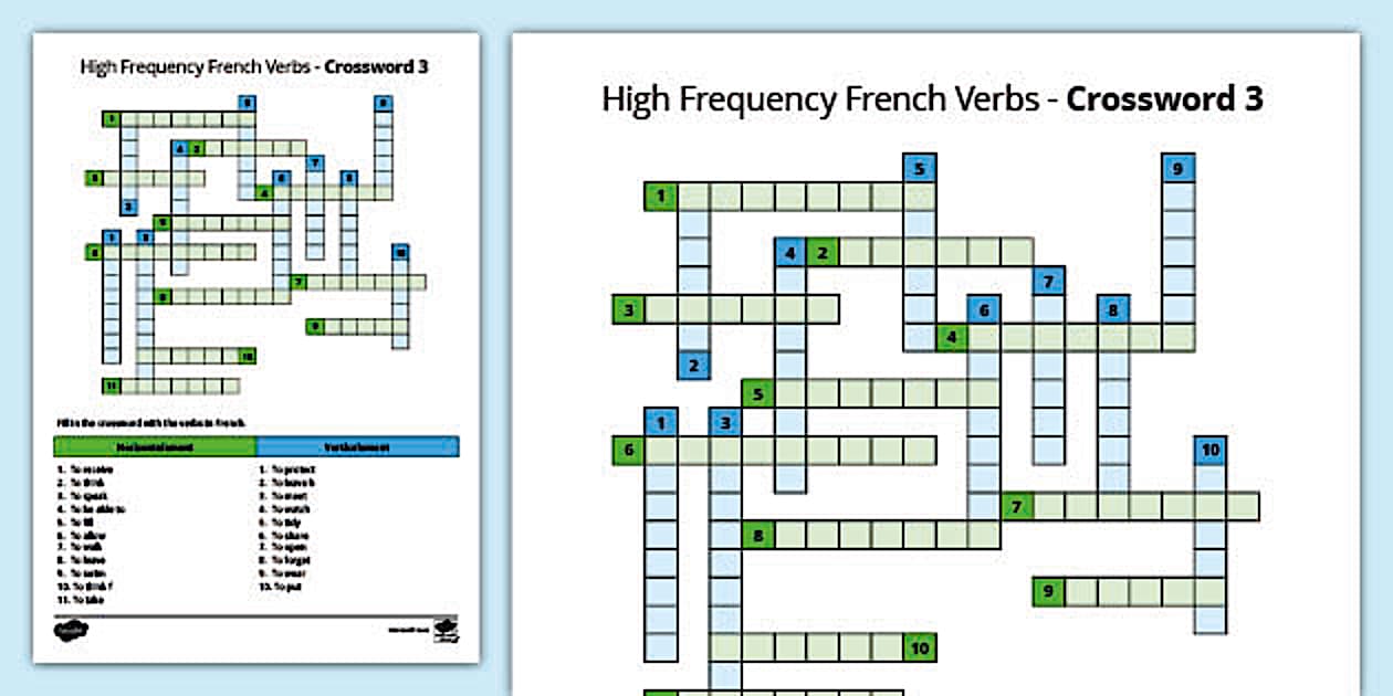 100 High Frequency French Verbs Crossword 3 - French