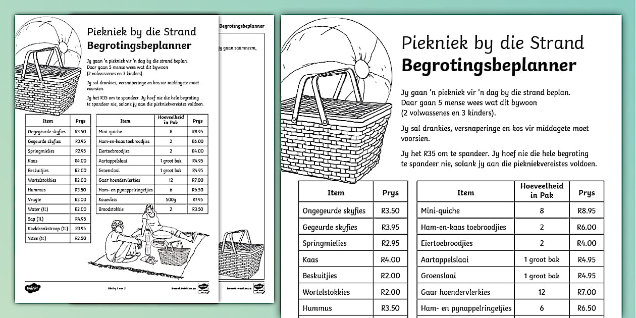 Piekniek by die Strand Begrotingsbeplanner (teacher made)