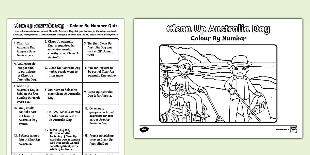 Clean Up Australia Day Colour By Number Quiz (teacher made)