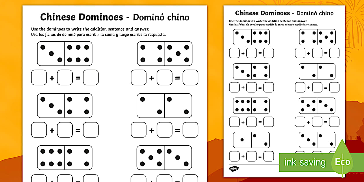 Chinese New Year Domino Addition Sheet - English/Spanish - Chinese New Year