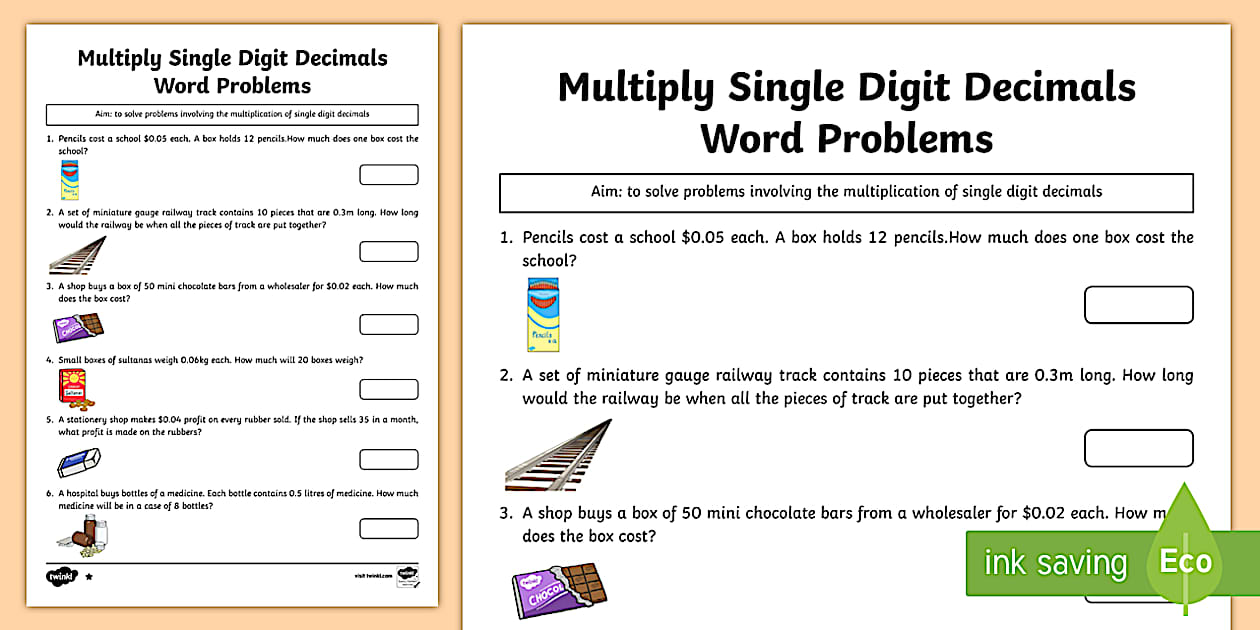 Grade 6 Multiply Single Digit Decimals Word Problems Worksheet / Worksheet