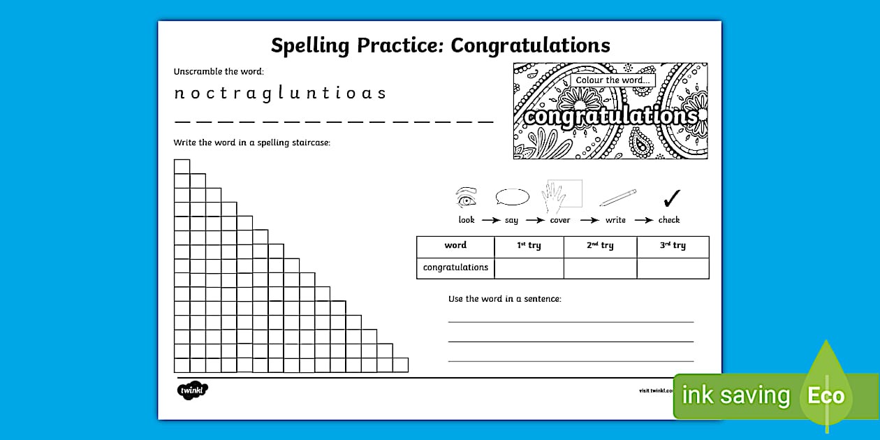 Congratulations Spelling Practice Worksheet (Teacher-Made)