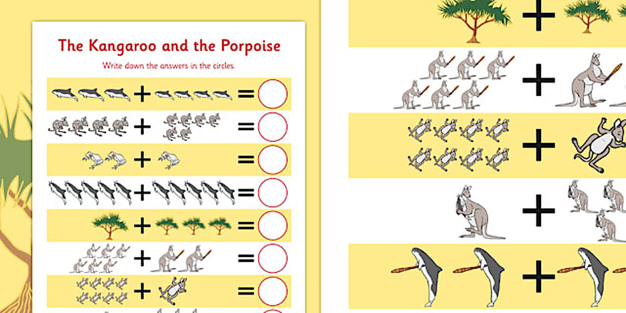 Black and White The Kangaroo and the Porpoise Up to 10 Addition Sheet
