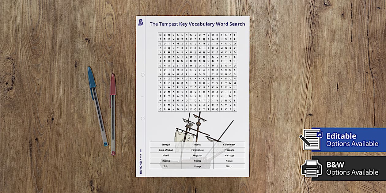 KS3 The Tempest Key Vocabulary Word Search - Twinkl