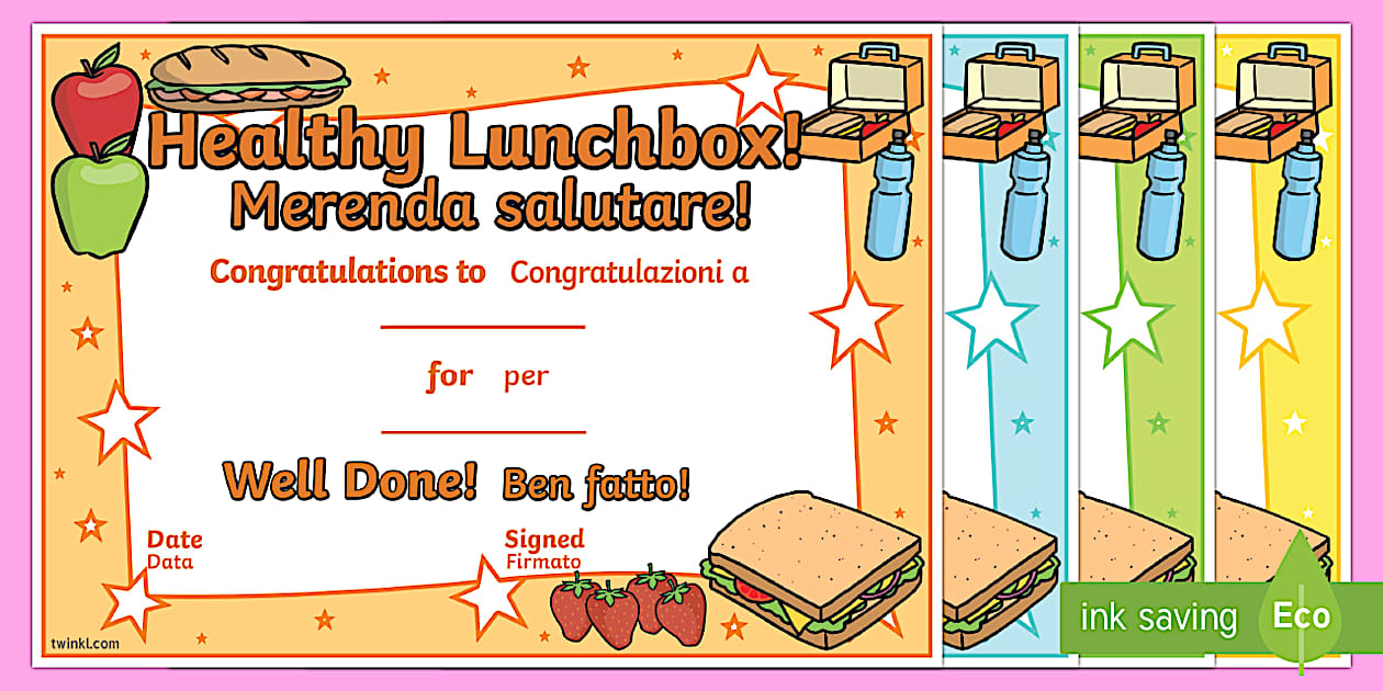 Healthy Lunchbox Certificates English/Italian - Twinkl