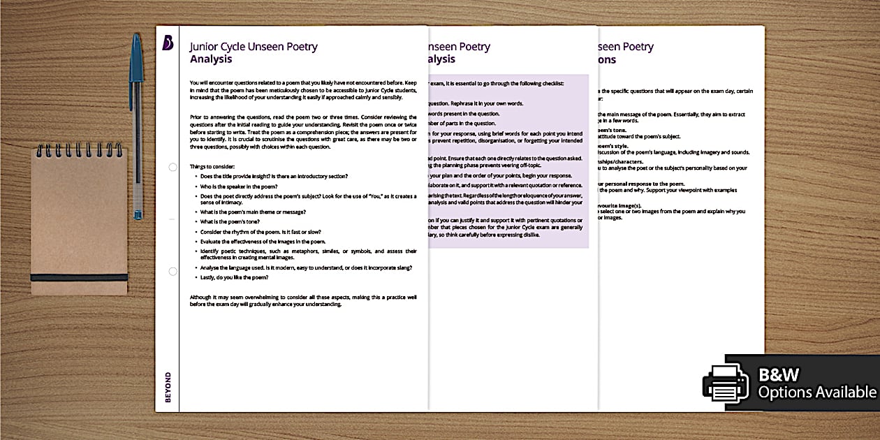 Junior Cycle Unseen Poetry Checklist/Analysis (teacher made)