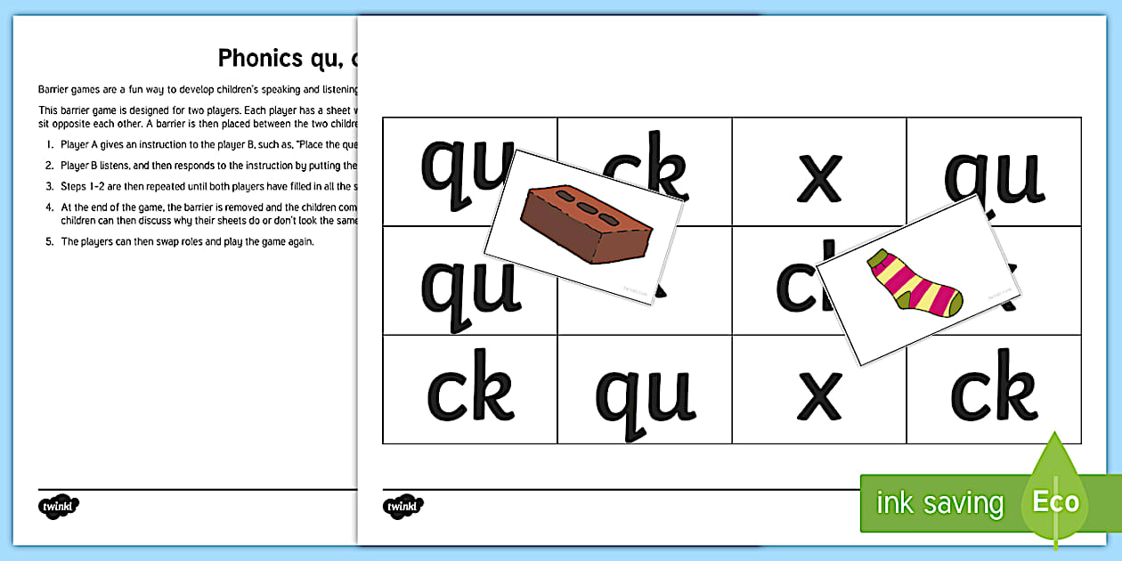Phonics qu, ck, x Barrier Game (teacher made) - Twinkl