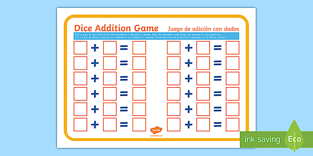 Dice Addition Game English/Spanish - Dice Addition Game Sheet