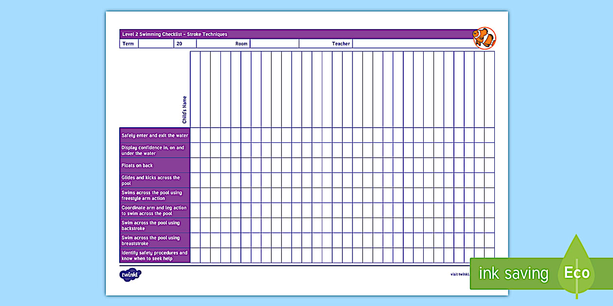 Editable New Zealand Level 2 Swimming Assessment Checklist