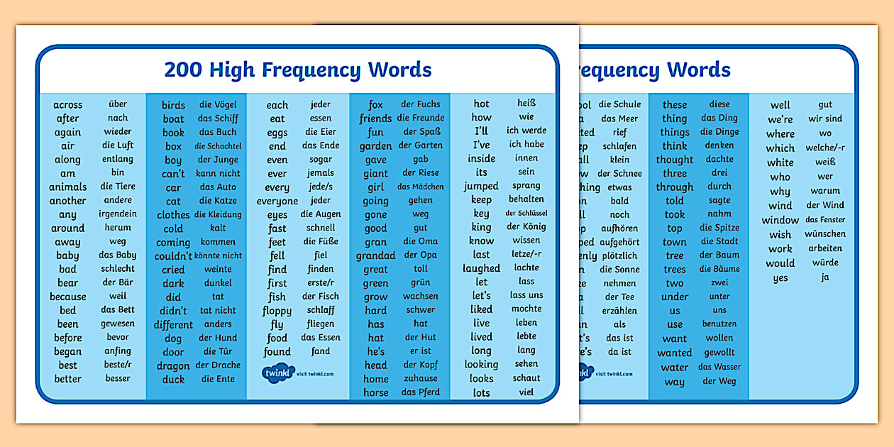 200 High Frequency Words Word Mat English/German - Twinkl