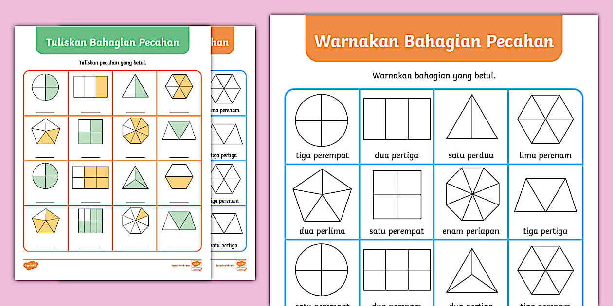 Latihan Matematik Tahun 2 Pecahan - Tulis dan Warna - Twinkl