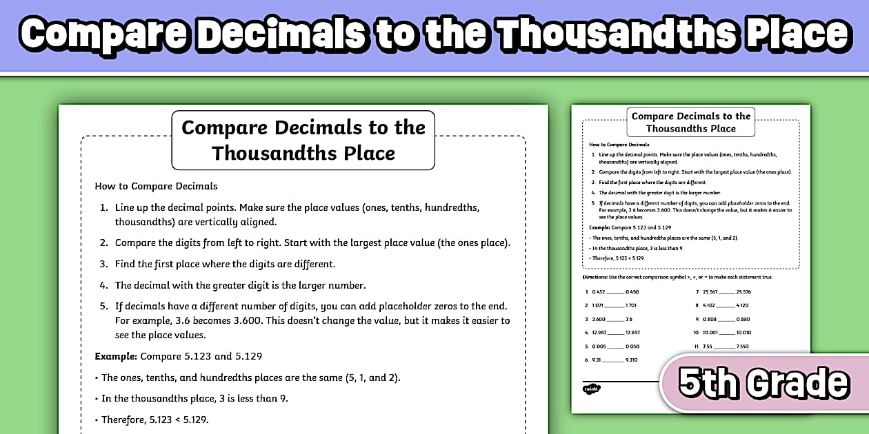 Compare Decimals to the Thousandths Place Worksheet
