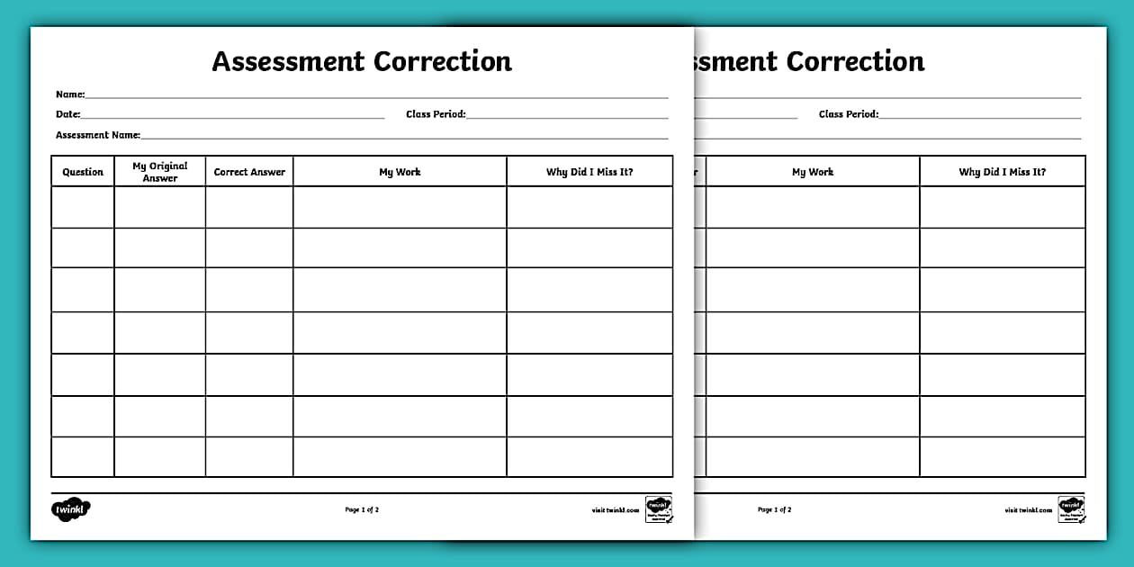 Assessment Correction Sheet for 6th-8th Grade (teacher made)