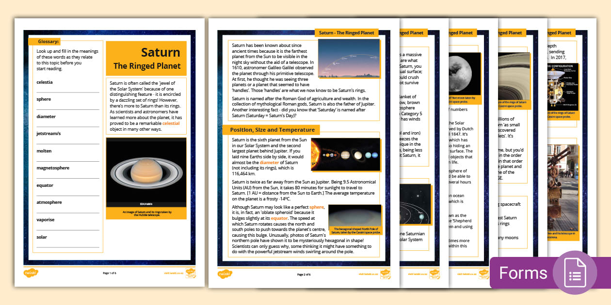 Saturn - The Ringed Planet Reading Comprehension - Twinkl
