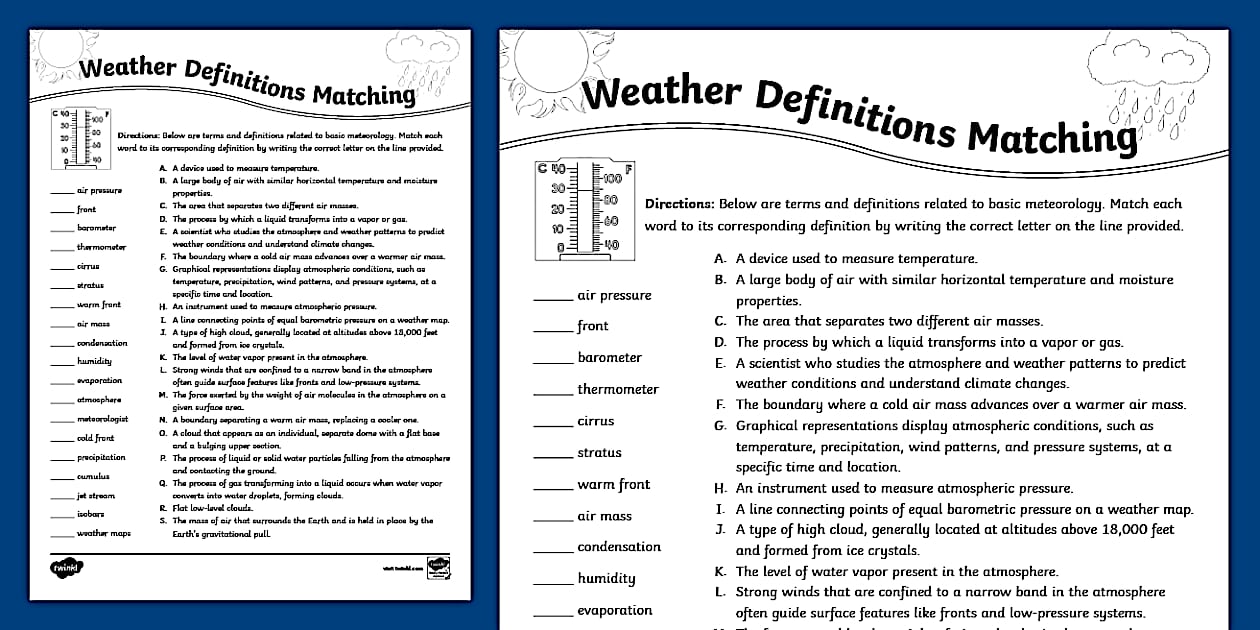 Weather Definitions Matching Worksheet for 6th-8th Grade