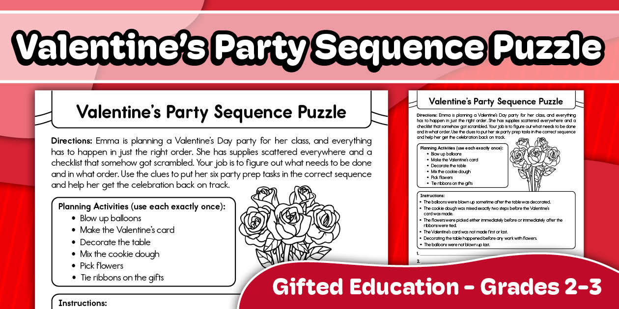 Valentine’s Party Sequence Puzzle for Gifted Education