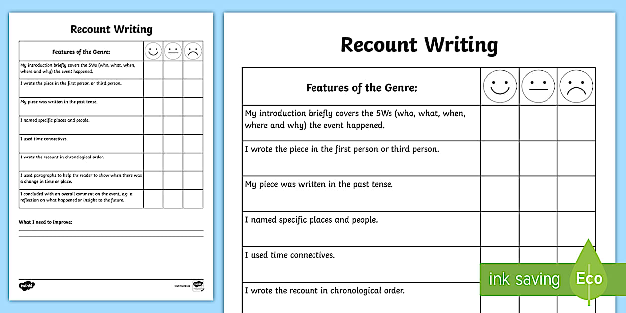 Recount Writing Self Assessment Sheet (teacher made)