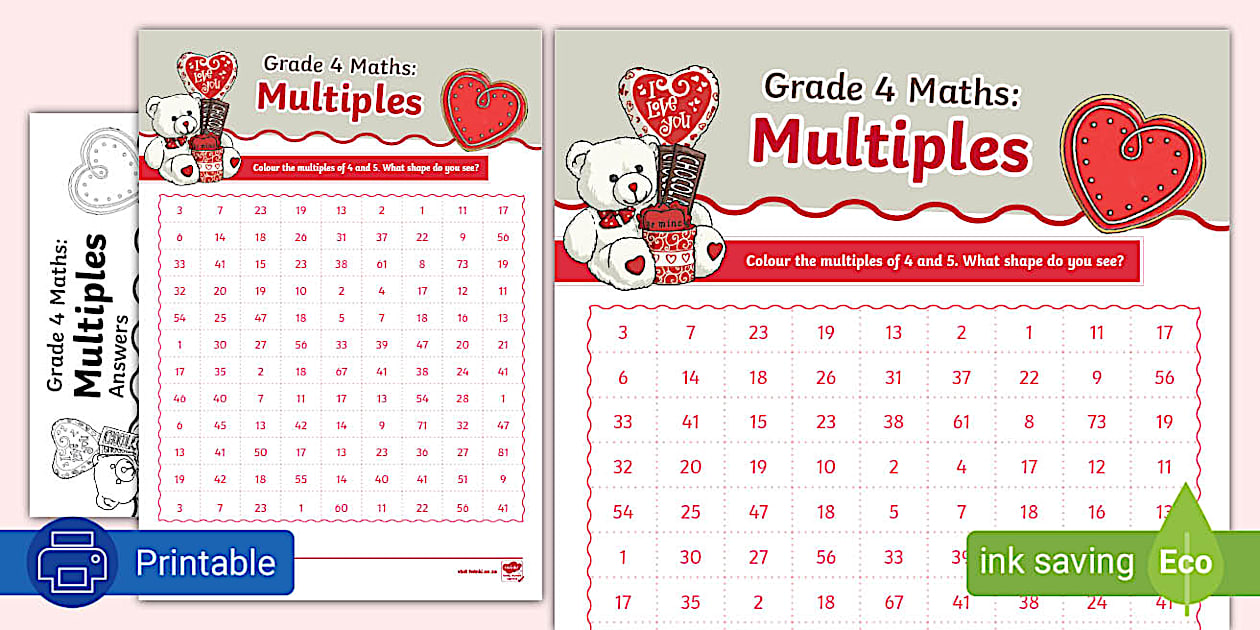 Grade 4 Maths: Multiples: Valentine Colouring (teacher made)
