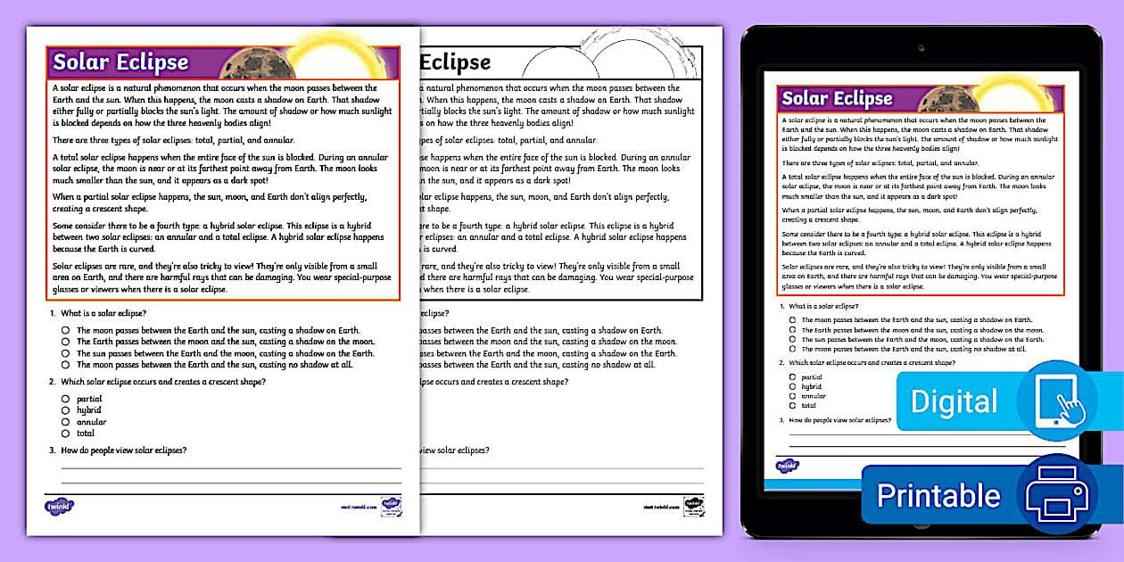 Solar Eclipse Reading Comprehension PDF | Twinkl USA