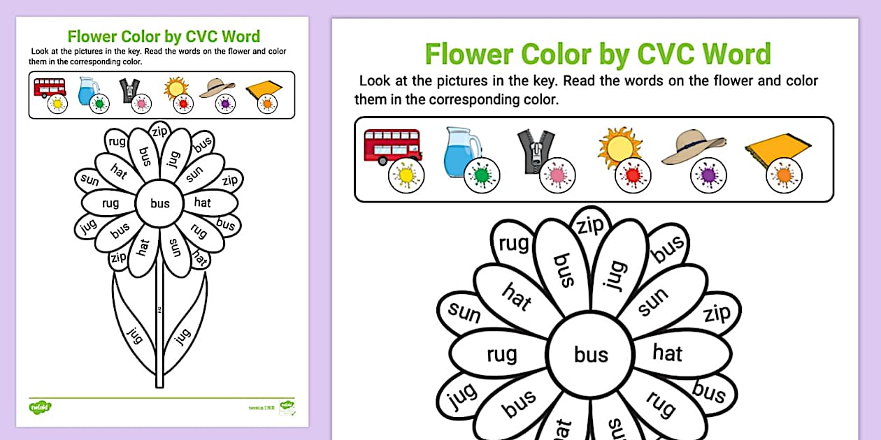 CVC ワード フォニックス 花 ぬりえ Flower Color by CVC Words Activity