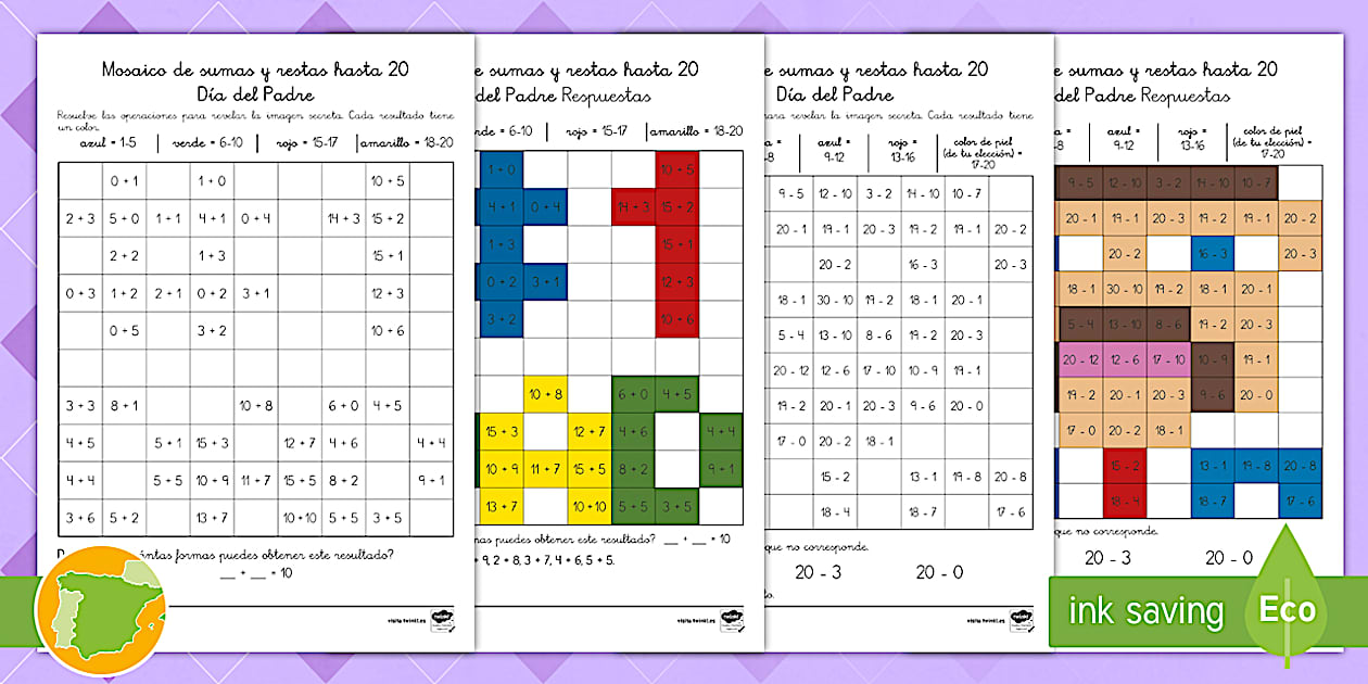 Ficha de actividad: Mosaico de sumas y restas hasta 20 - Día del Padre
