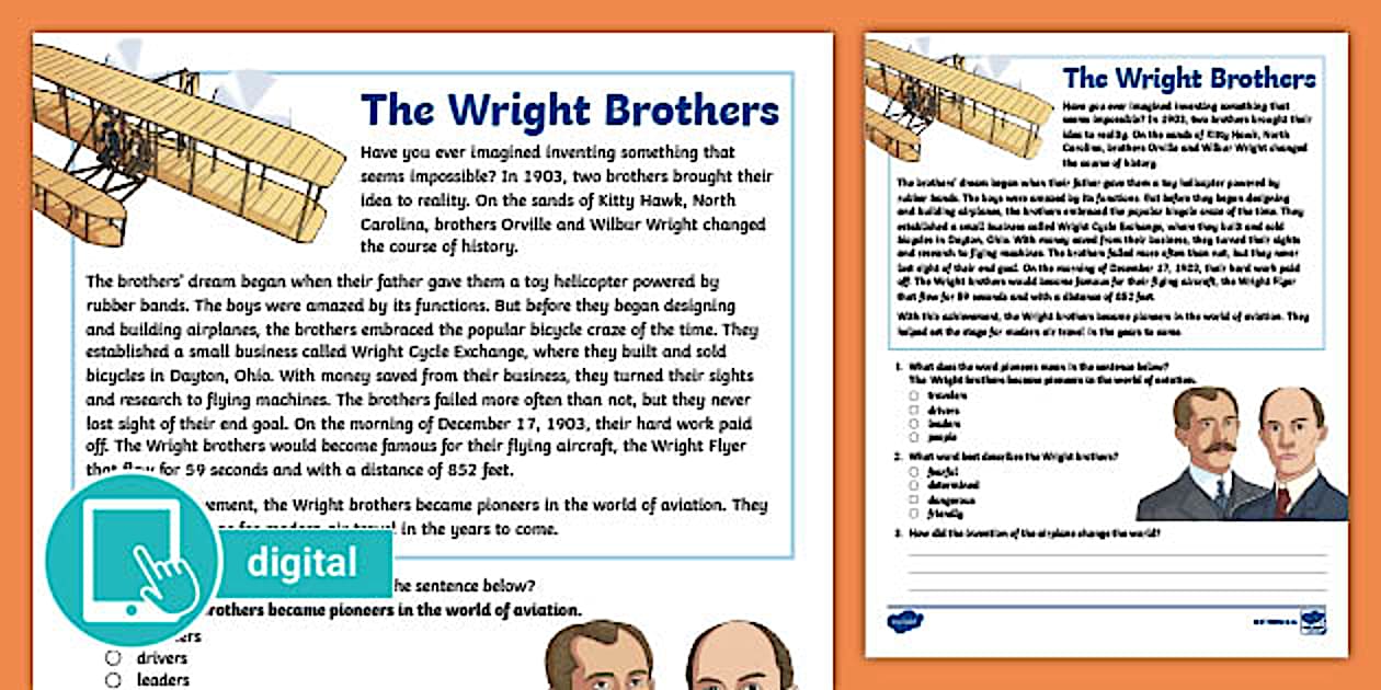 Fifth Grade The Wright Brothers Reading Passage Comprehension Worksheet