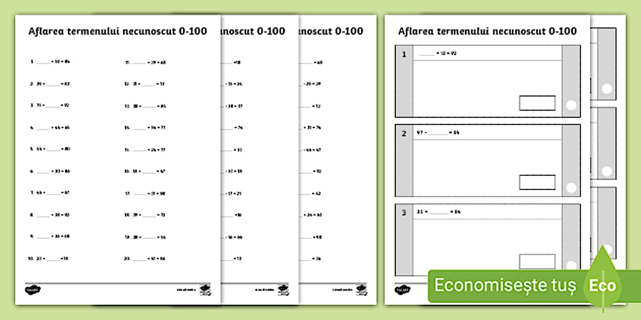 Clasa I: Aflarea termenului necunoscut 0 - 100 Fișe de lucru