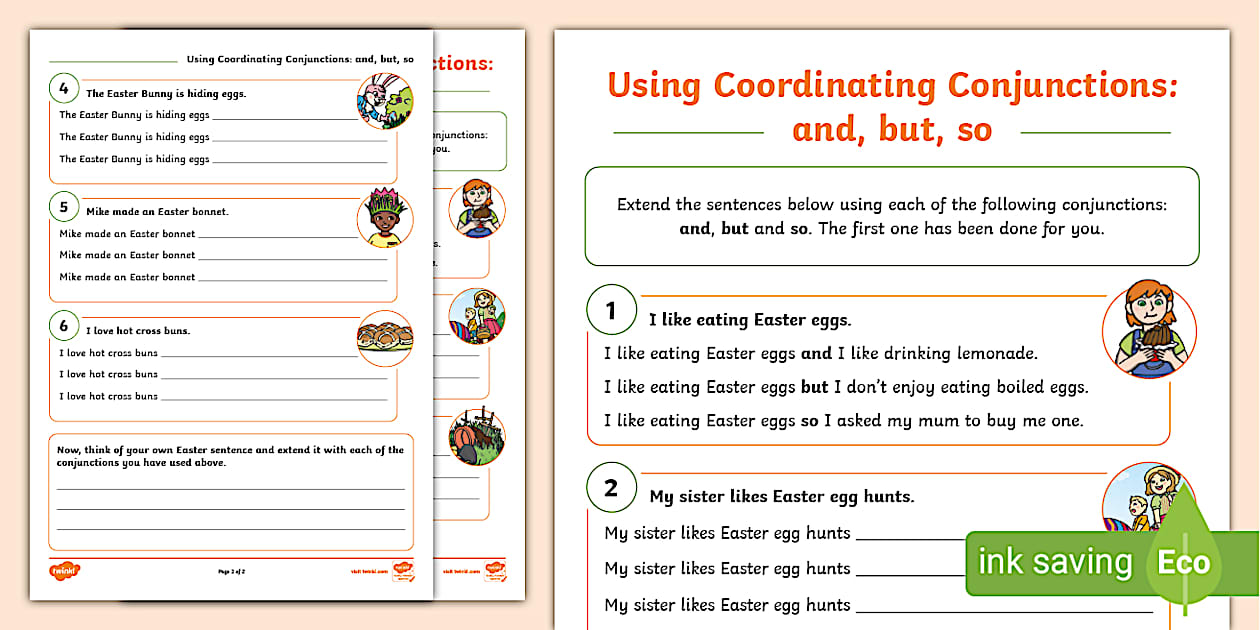 Easter-Themed Coordinating Conjunctions Worksheet - Twinkl