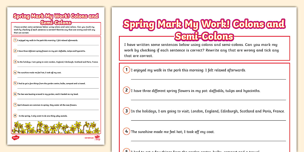 Spring Mark My Work! Colons and Semi Colons (teacher made)