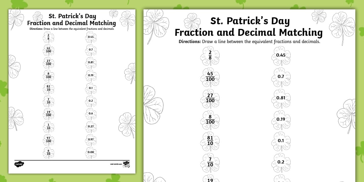 St. Patrick's Day Fraction and Decimal Matching Activity