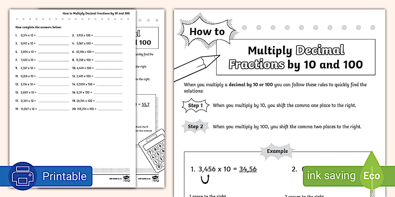 How to Multiply Decimal Fractions by 10 and 100: Activity Sheet