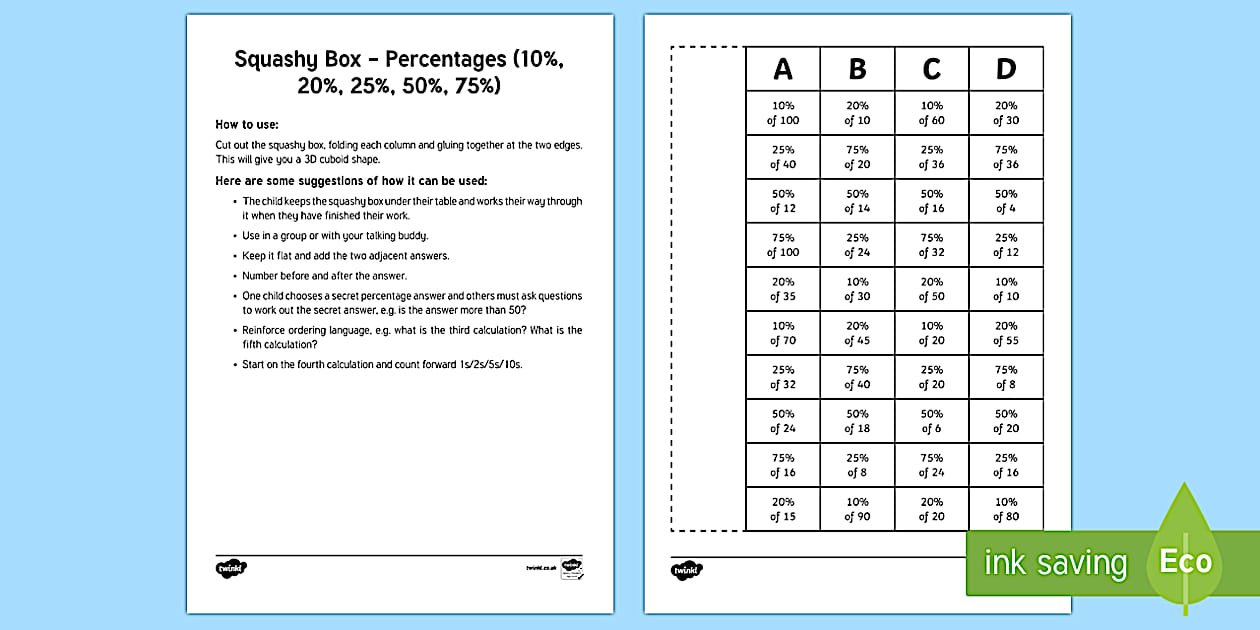 Percentages Squashy Boxes Craft - Mental Maths Warm Up + Revision
