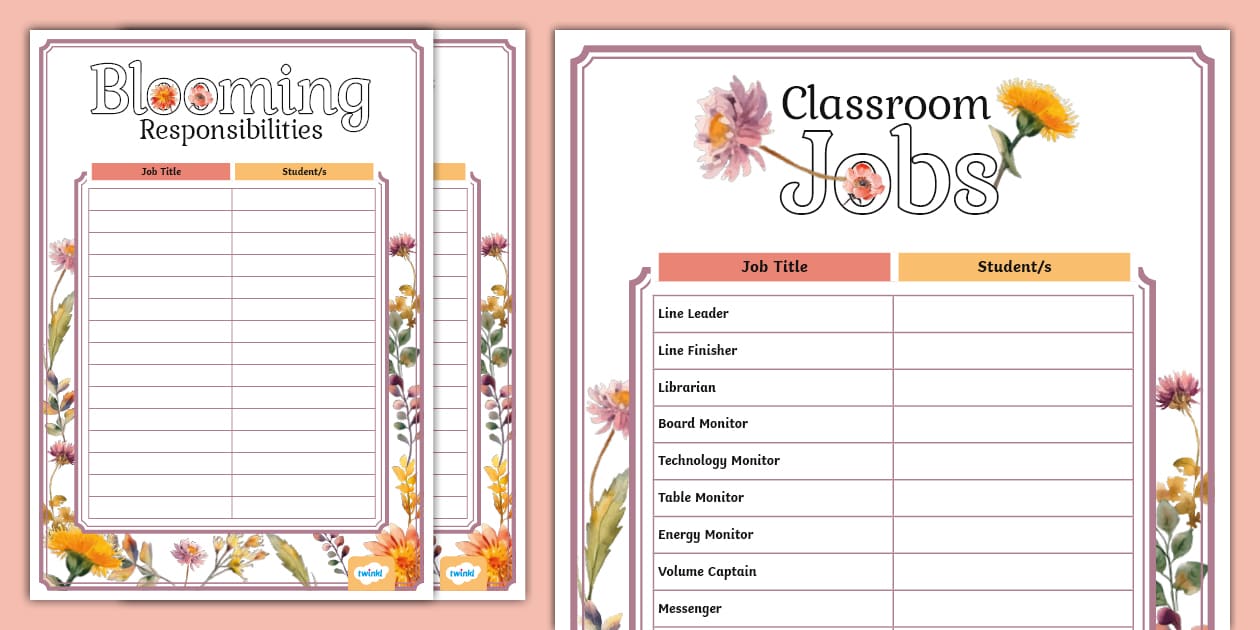 Wildflower Botanical Classroom Jobs Editable Poster - Twinkl