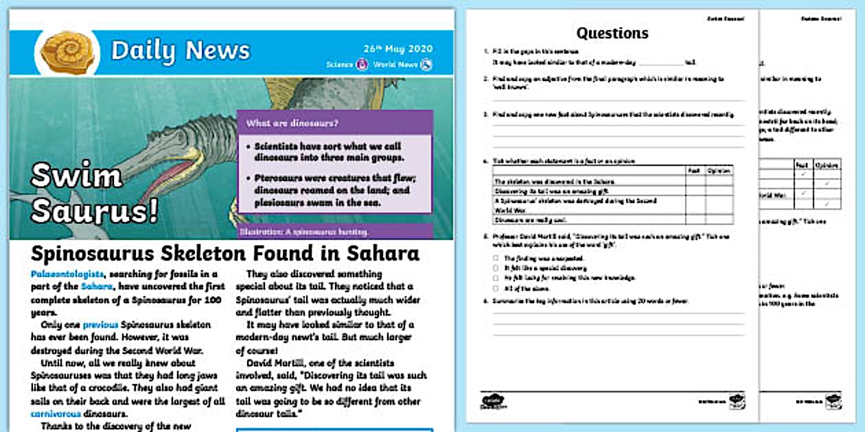 Spinosaurus Skeleton Discovered Daily News Story (ages 7-9)