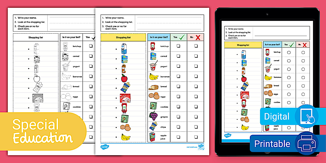 Life Skills: Grocery Shopping List Worksheet for Special Education