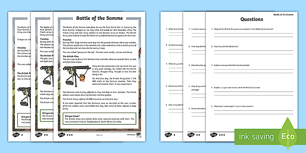 Battle of the Somme Differentiated Reading Comprehension Activity